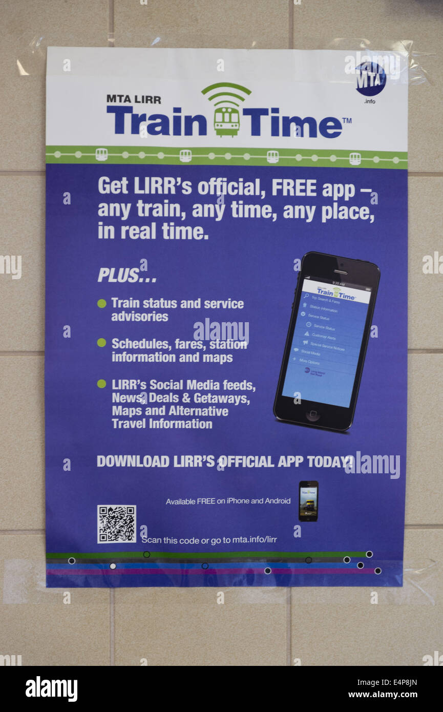 Merrick, New York, USA. 14th July, 2014. A poster for MTA Train Time ...