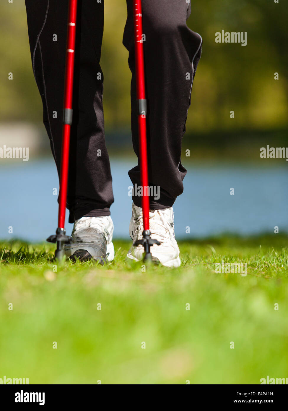 Nordic walking. Female legs hiking in the park Stock Photo - Alamy