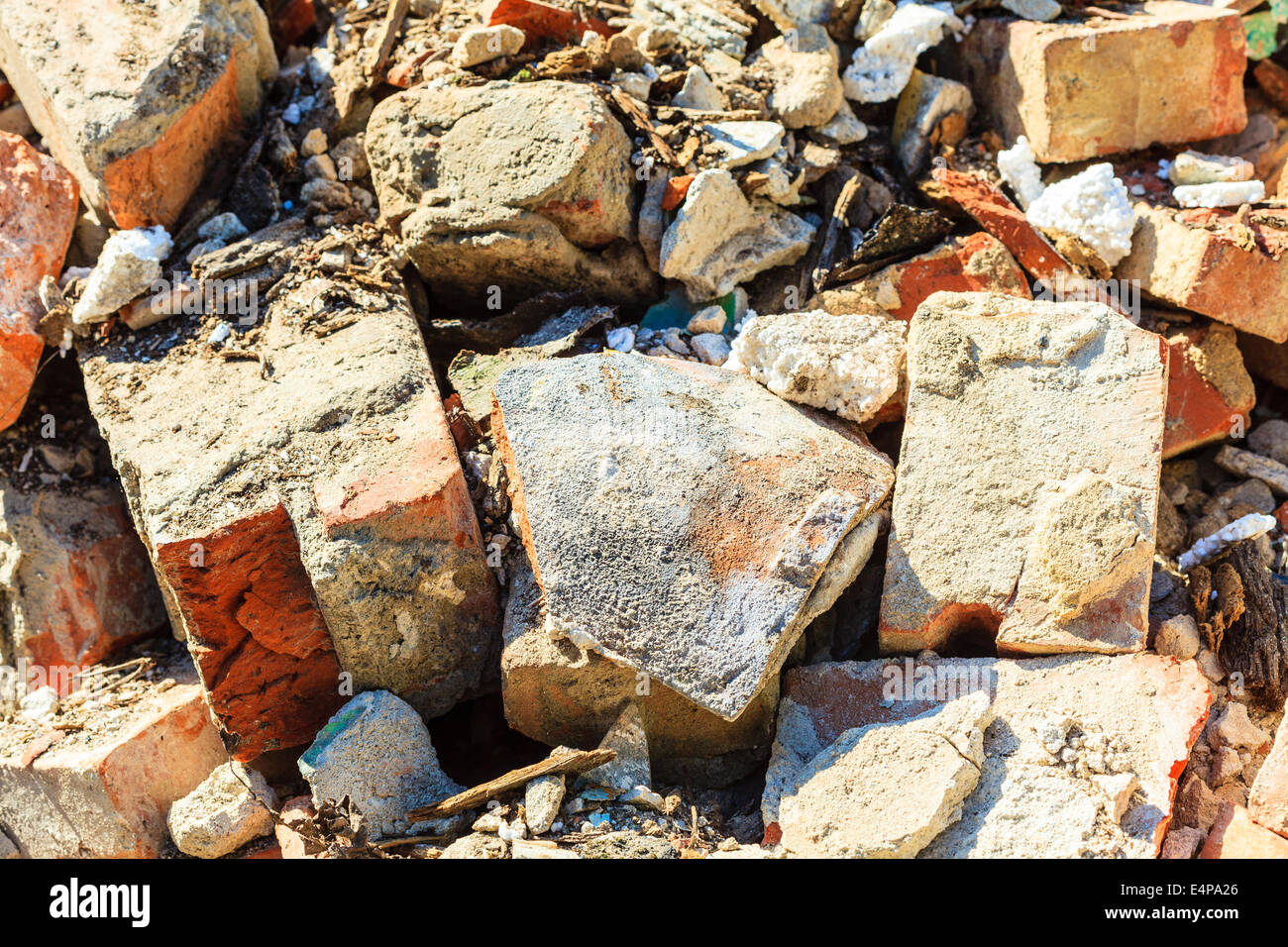 Construction site. Closeup of stack of old grunge destroyed damaged ...