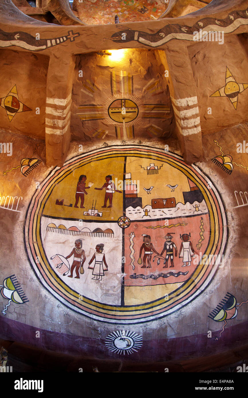 Murals painted on wall and ceiling inside the historic watchtower (1932 ...