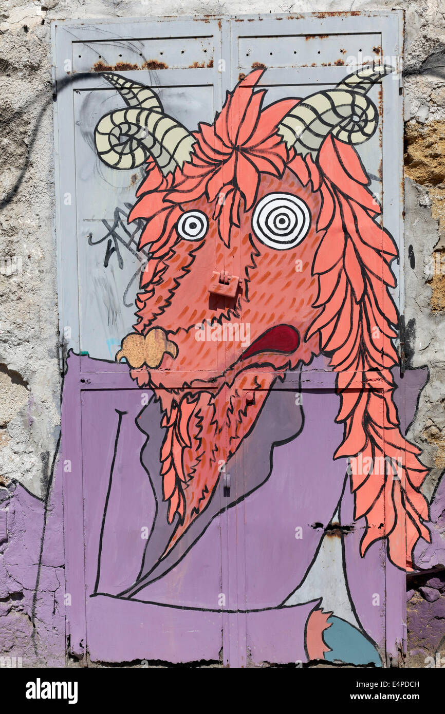 Horned mythical creature, mural in the historic centre, Palermo ...