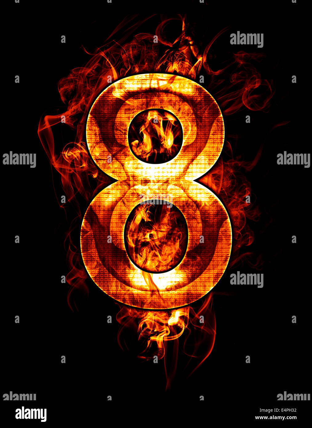 eight, illustration of number with chrome effects and red fire on black ...
