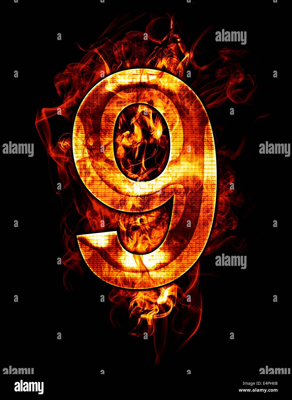 nine, illustration of number with chrome effects and red fire on black ...