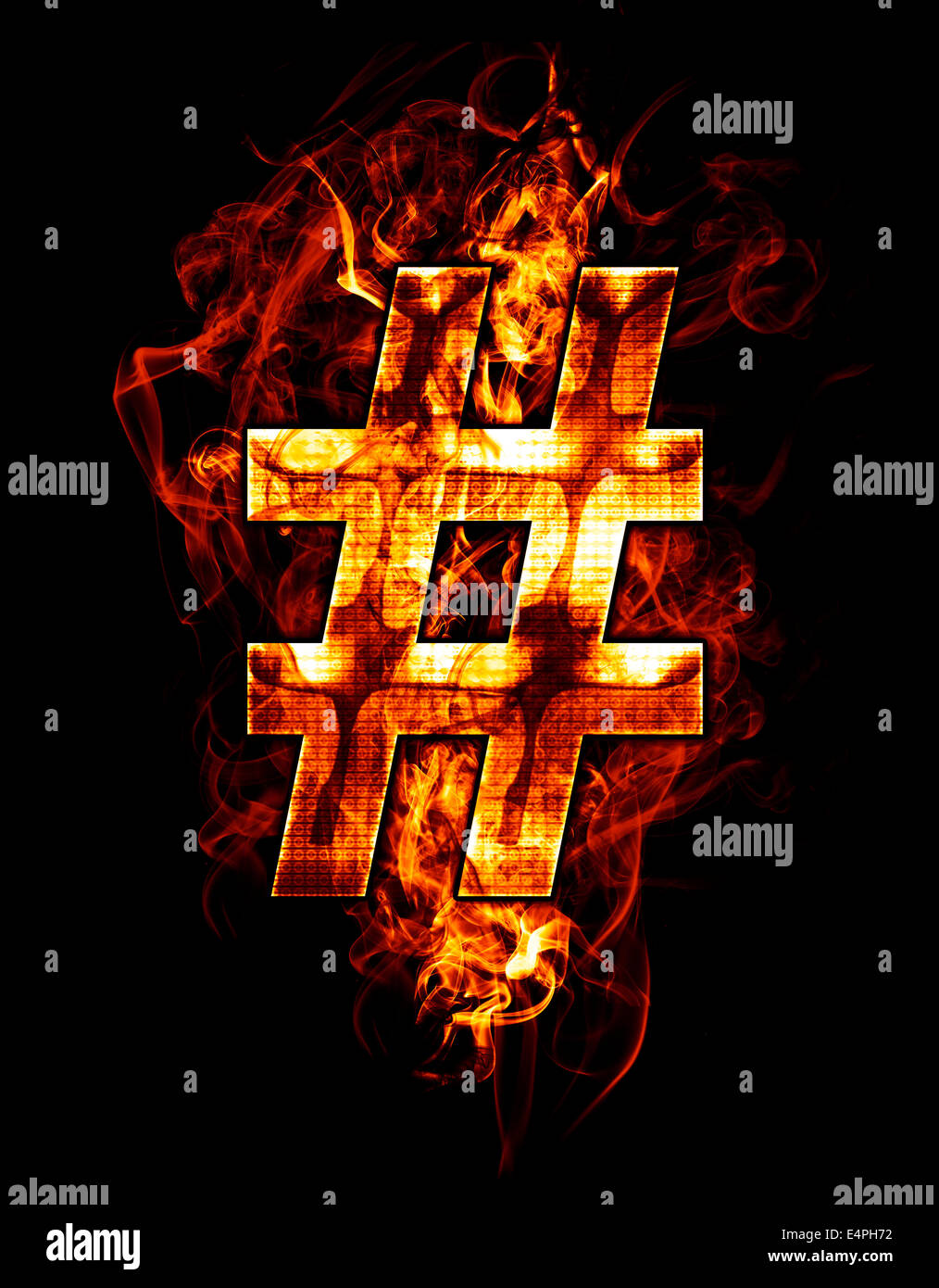 hashtag, illustration of number with chrome effects and red fire on ...