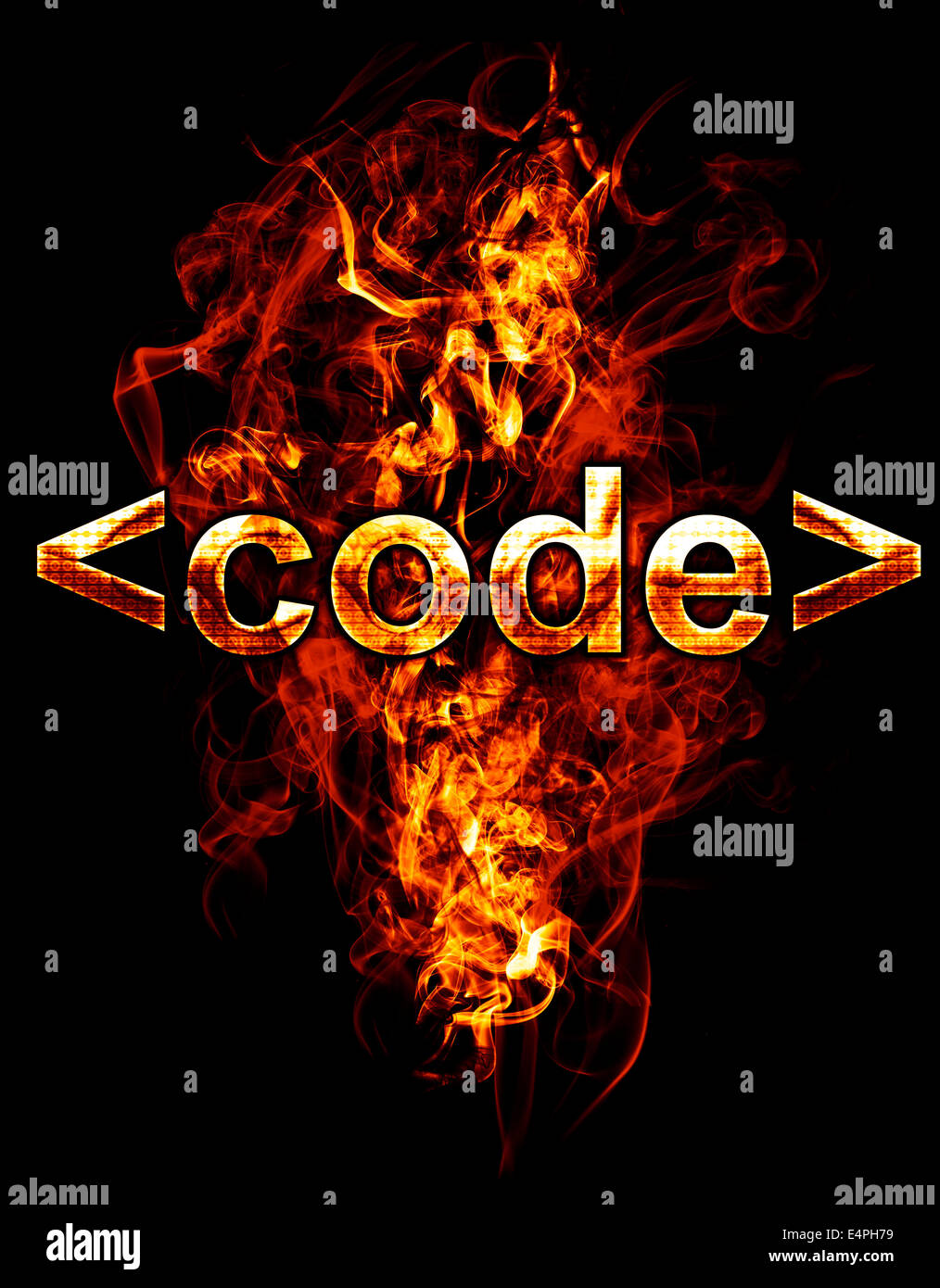 code, illustration of number with chrome effects and red fire on black ...
