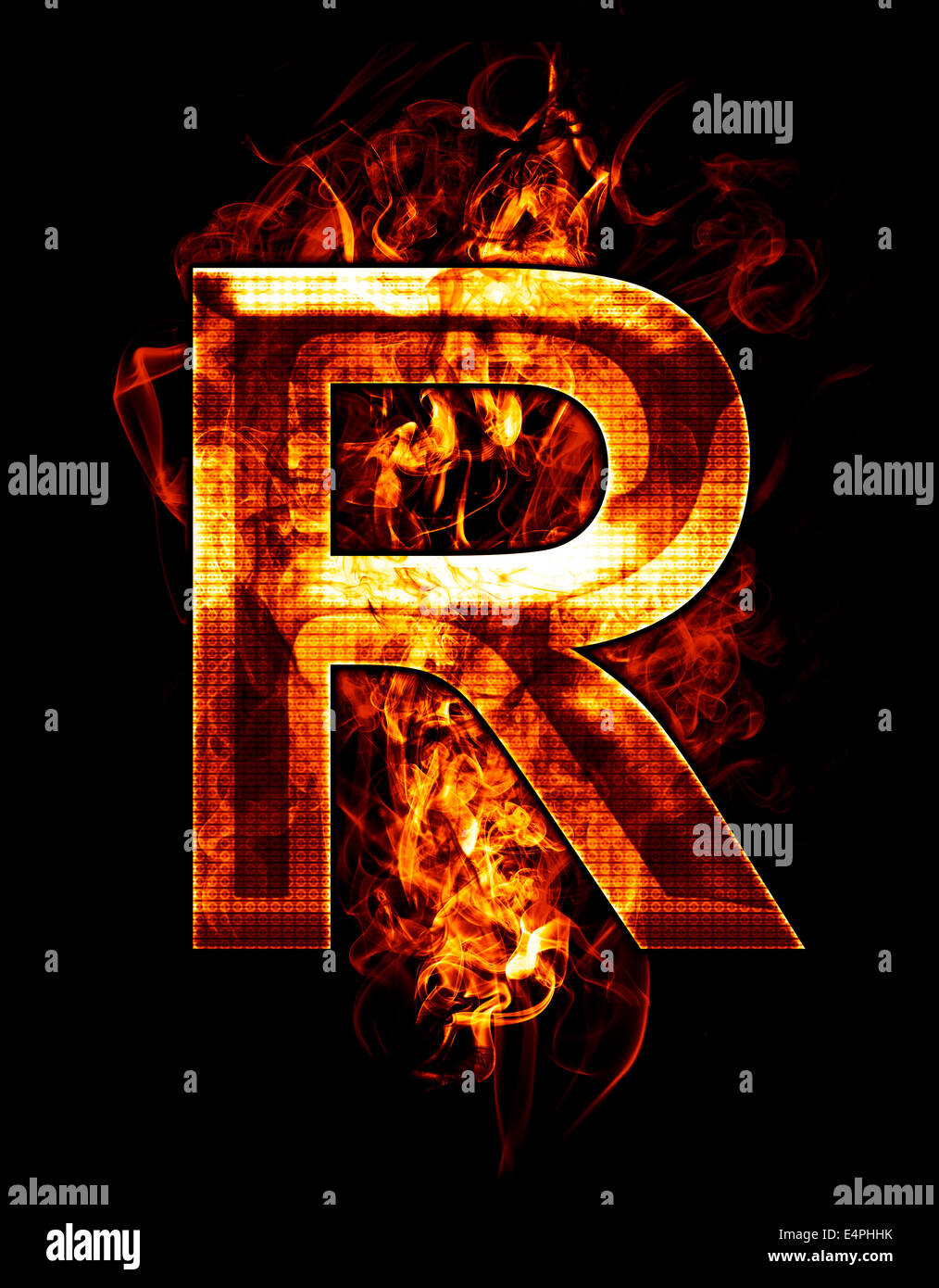 r, illustration of letter with chrome effects and red fire on black ...