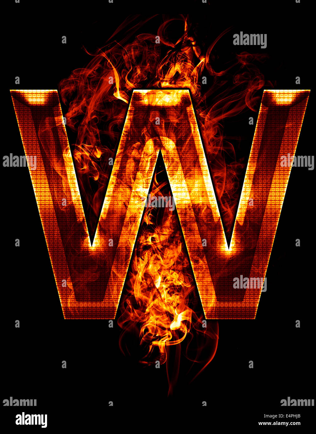 w, illustration of letter with chrome effects and red fire on black ...
