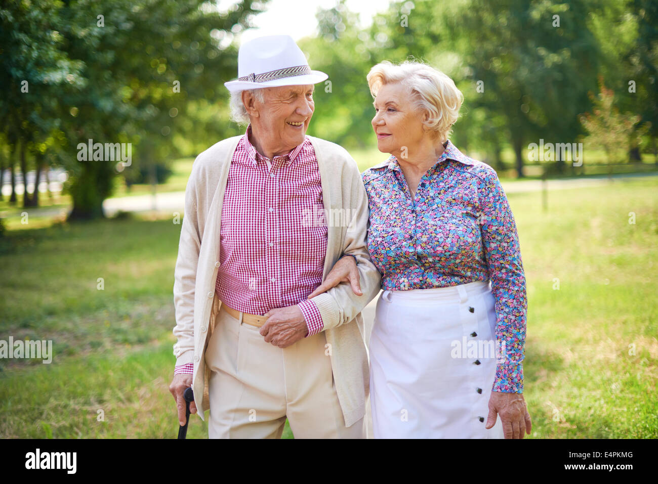 Happy seniors talking while taking a walk in the park Stock Photo - Alamy