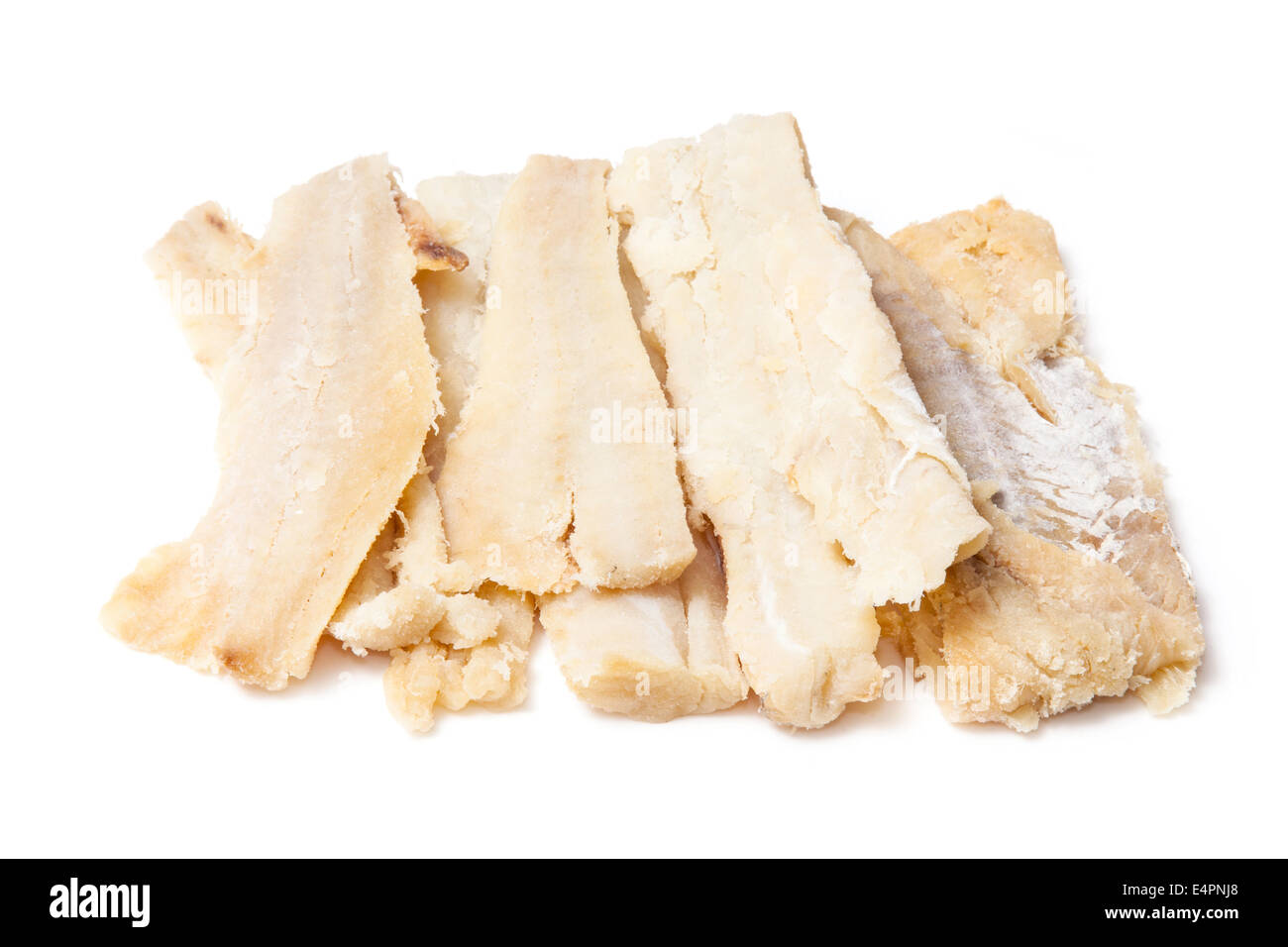 Pieces of salt cod fish isolated on a white studio background Stock ...