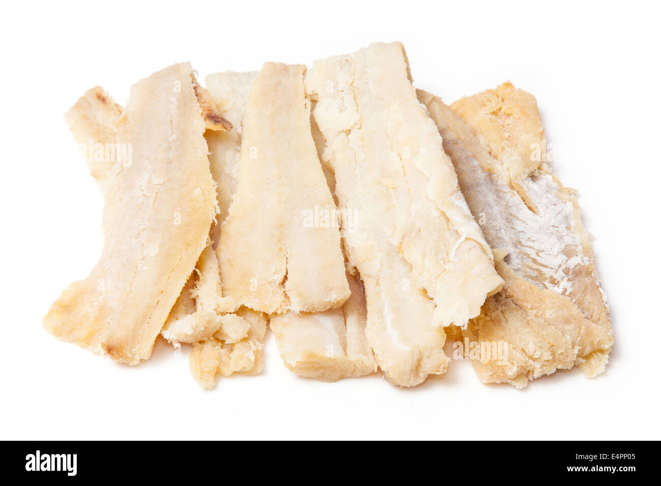 Pieces of salt cod fish isolated on a white studio background Stock ...
