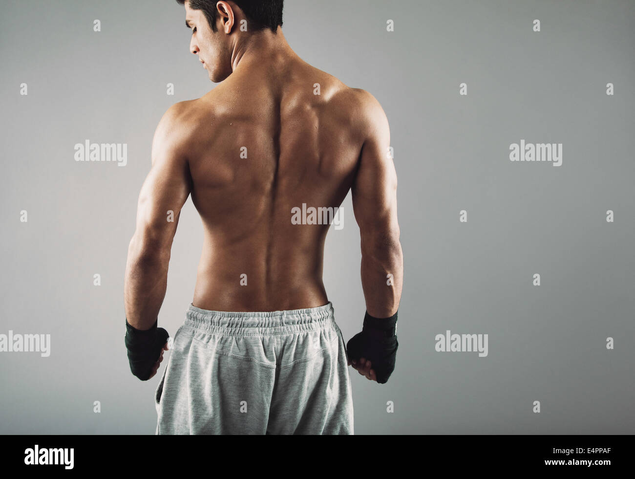 Rear view of strong young male boxer. Fitness male model wearing boxing ...