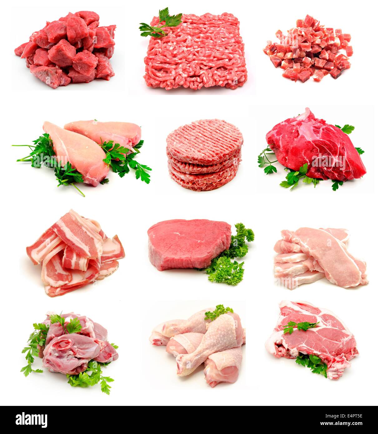Collage of various types of raw meat on white background Stock Photo ...