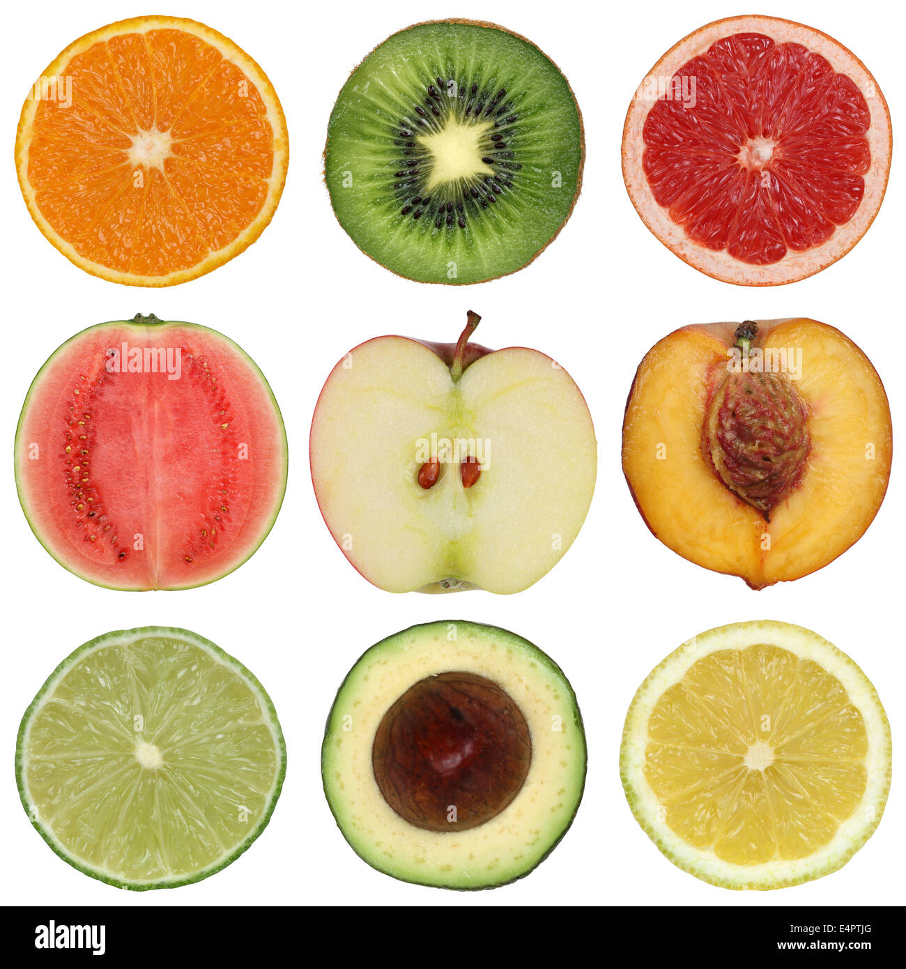 Collection of healthy sliced fruits like oranges, peaches, lemons and ...