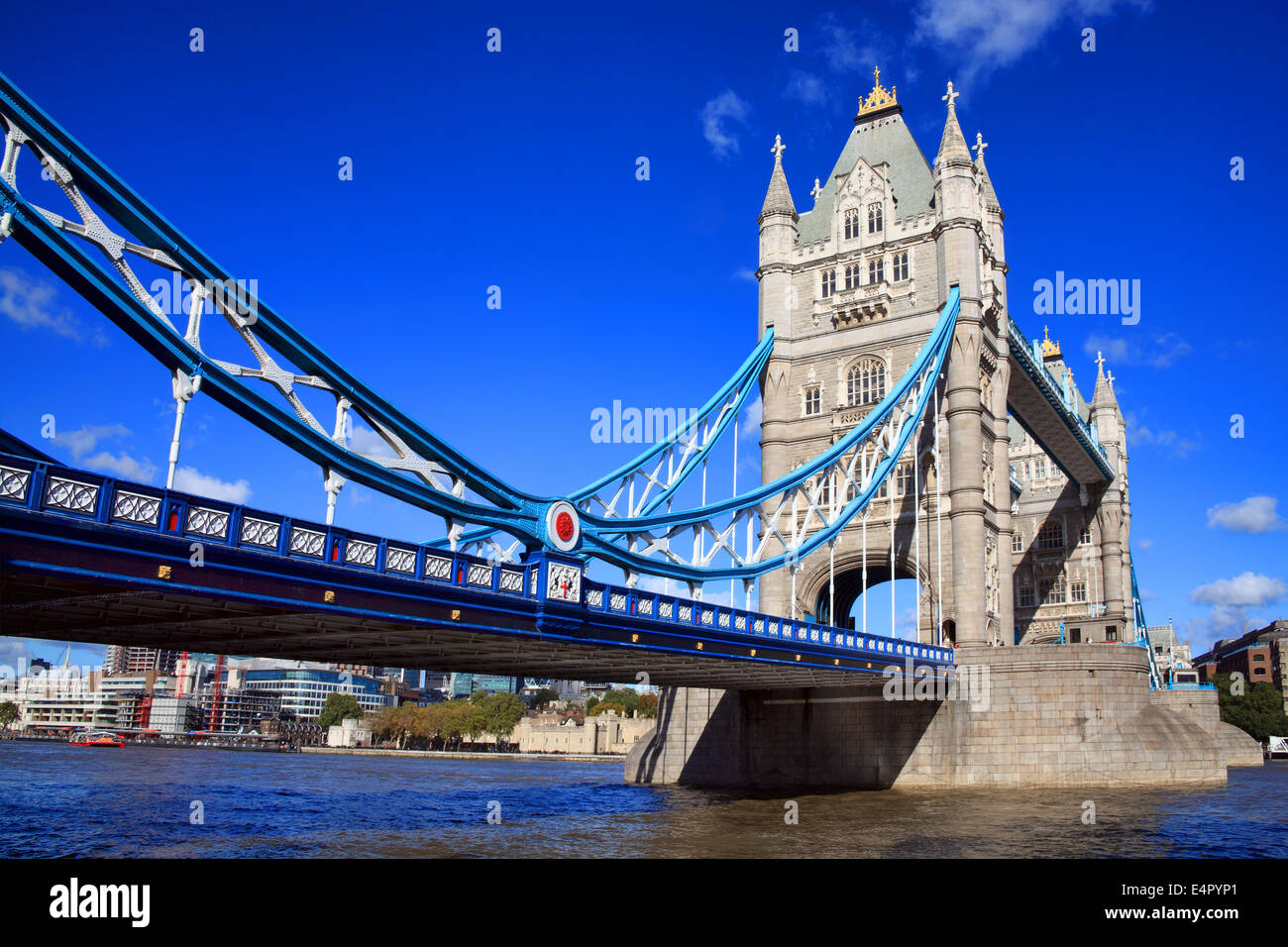 Tower Bridge on the River Thames in Tower Hamlets, London , England during the day with a clear ...