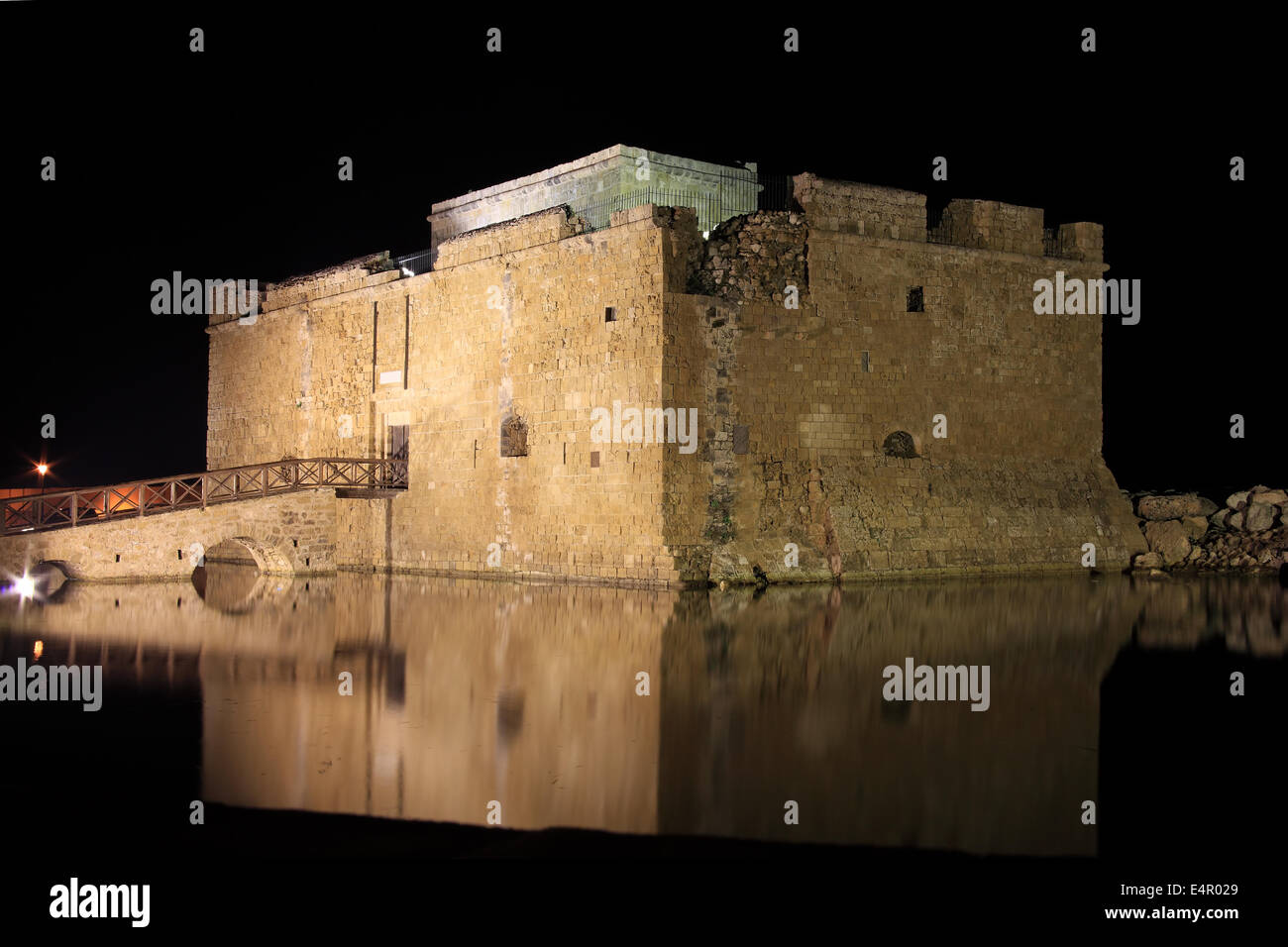 Paphos Castle at night, originally built as a Byzantine fort, which ...
