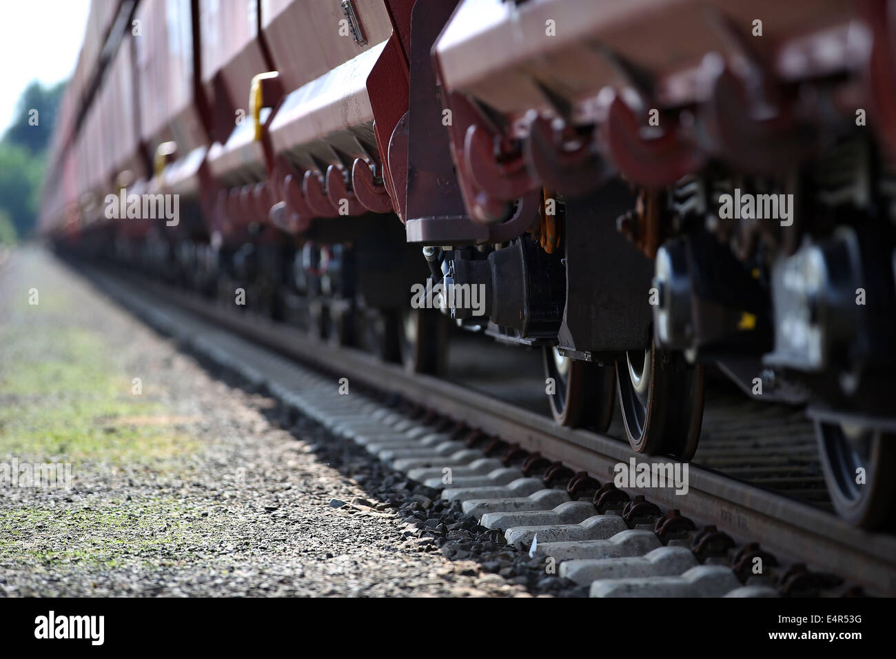 A freight train of the Deutsche Bahn railway company fitted with a new ...