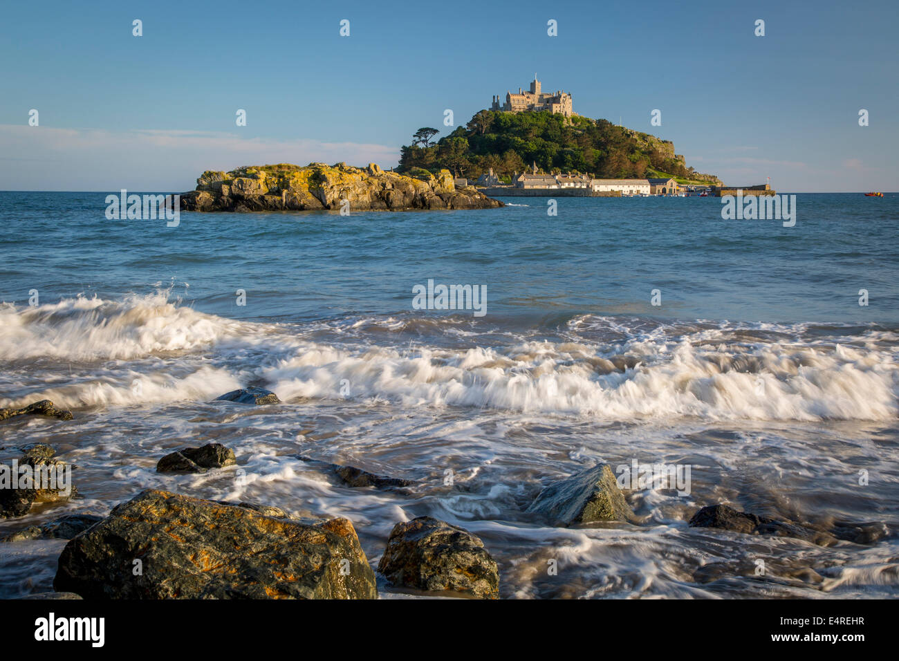 High-tide waves below the tidal island of St Michael's Mount, Marazion ...