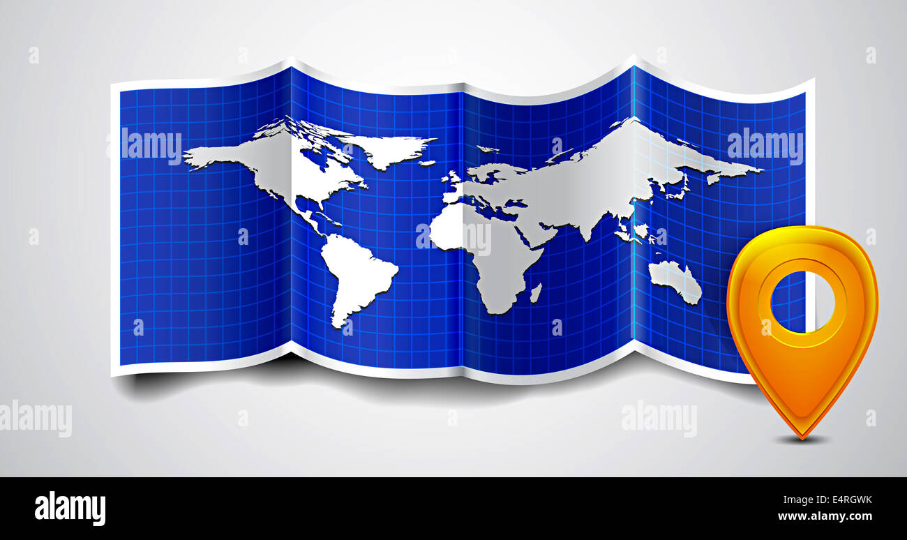 Folded world map with gps marks Stock Photo - Alamy