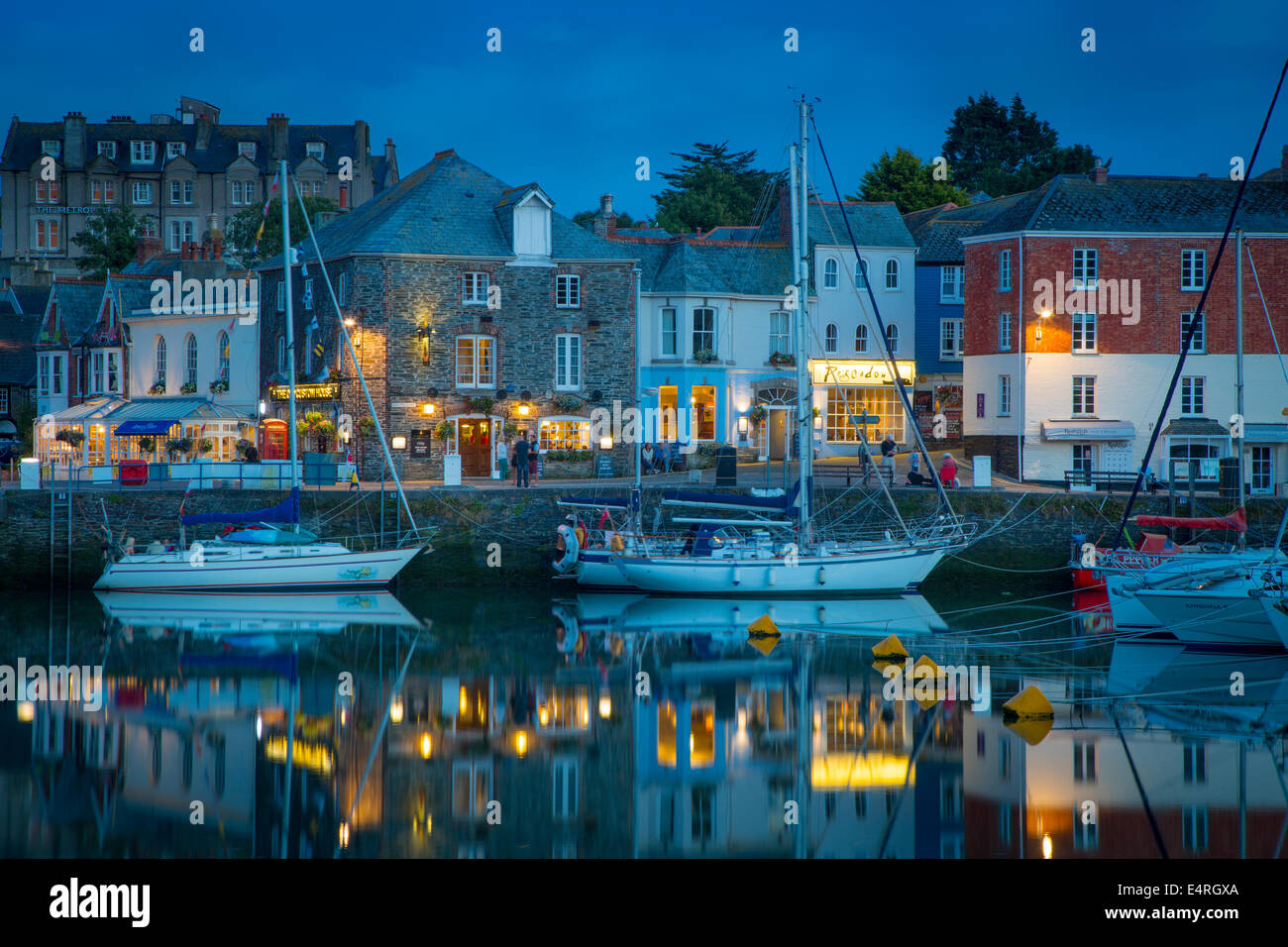 Twilight over harbor village of Padstow, Cornwall, England Stock Photo ...