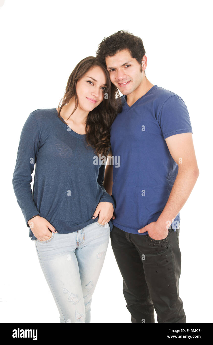 cute latin couple dressed in blue Stock Photo - Alamy