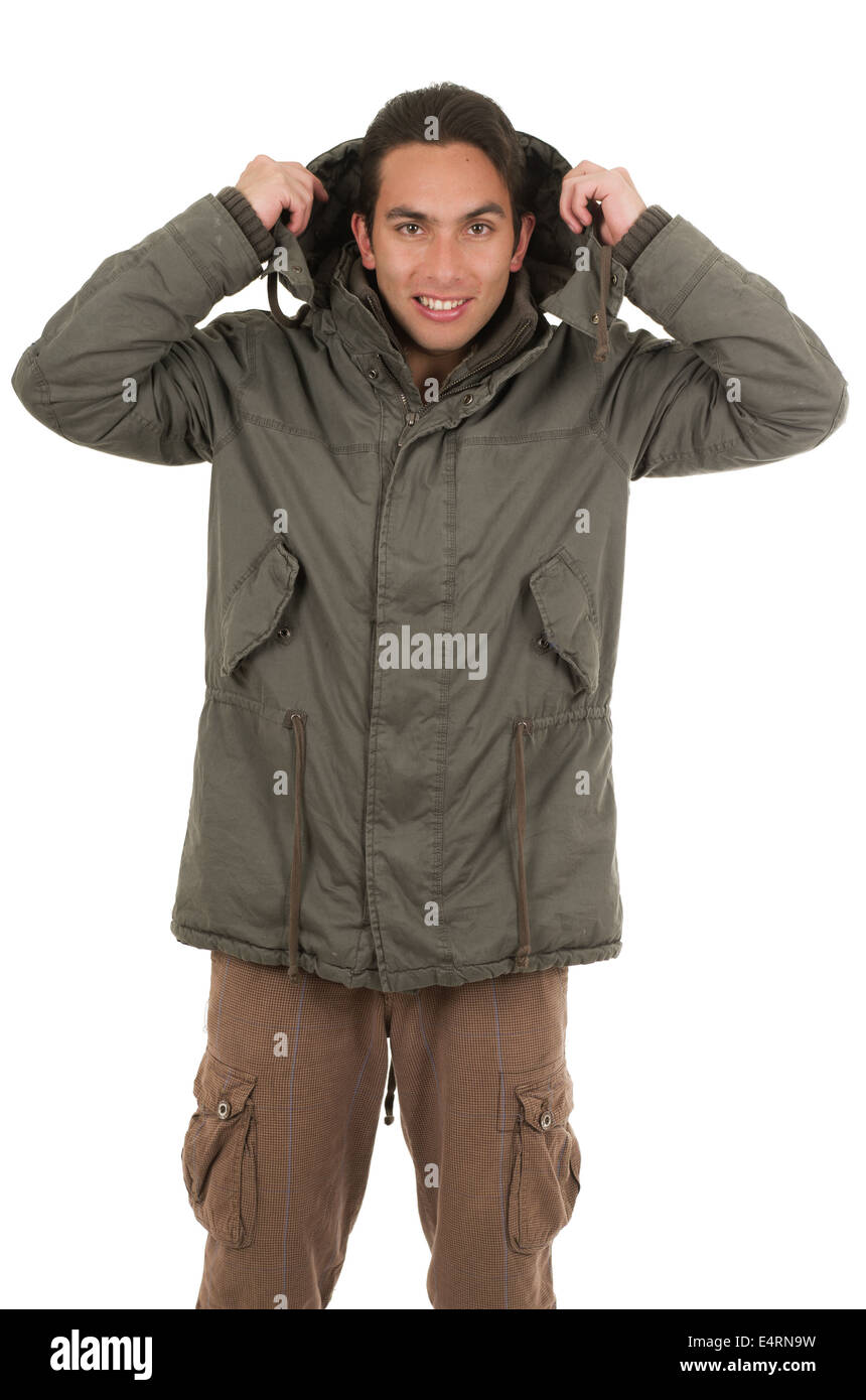 handsome man wearing jacket and putting hoodie on Stock Photo - Alamy
