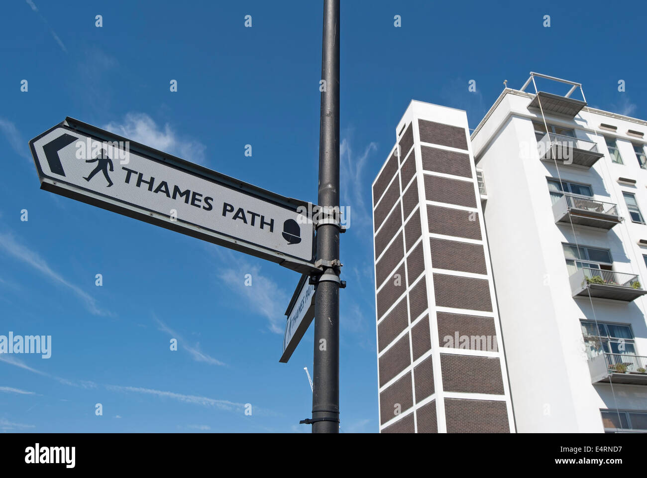 thames path sign, with high rise block of flats in background, in ...