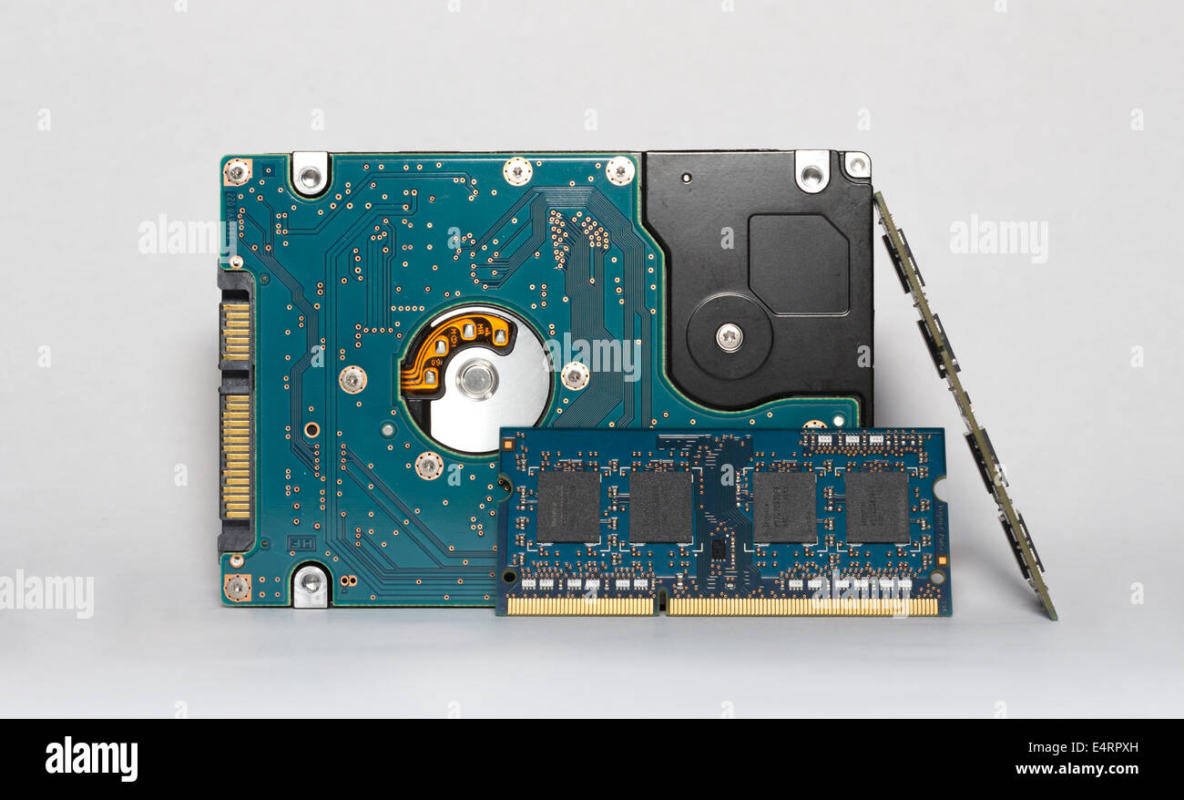 This image shows two RAM memory modules and a SATA hard drive isolated ...