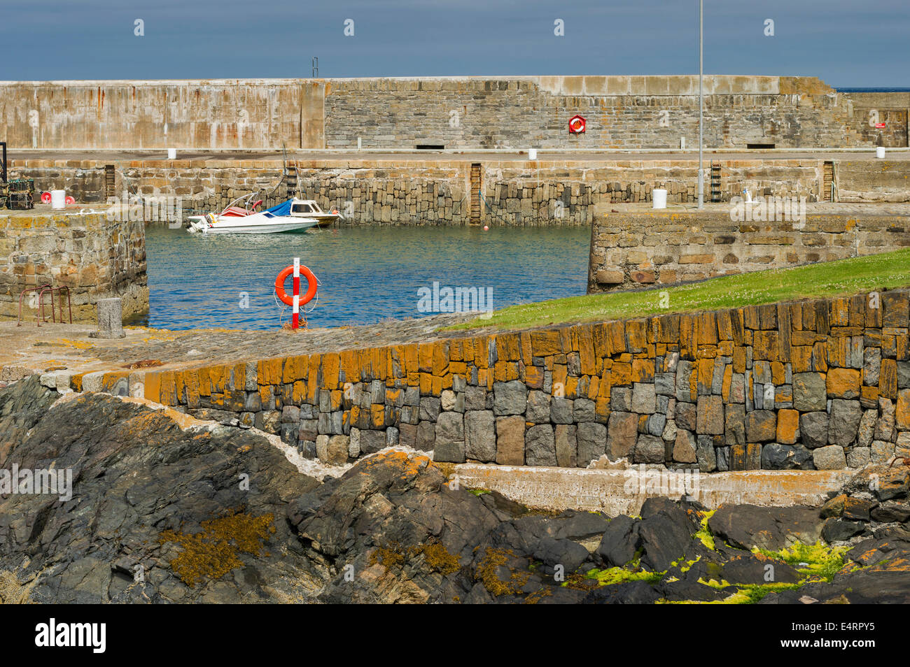 PORTSOY STONE HARBOUR WALLS FROM THE 17C COVERED IN YELLOW LICHEN ...