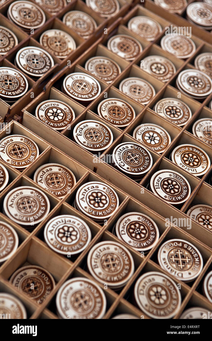 Lucky buttons with names on display at Vermanes park Riga city Latvia ...