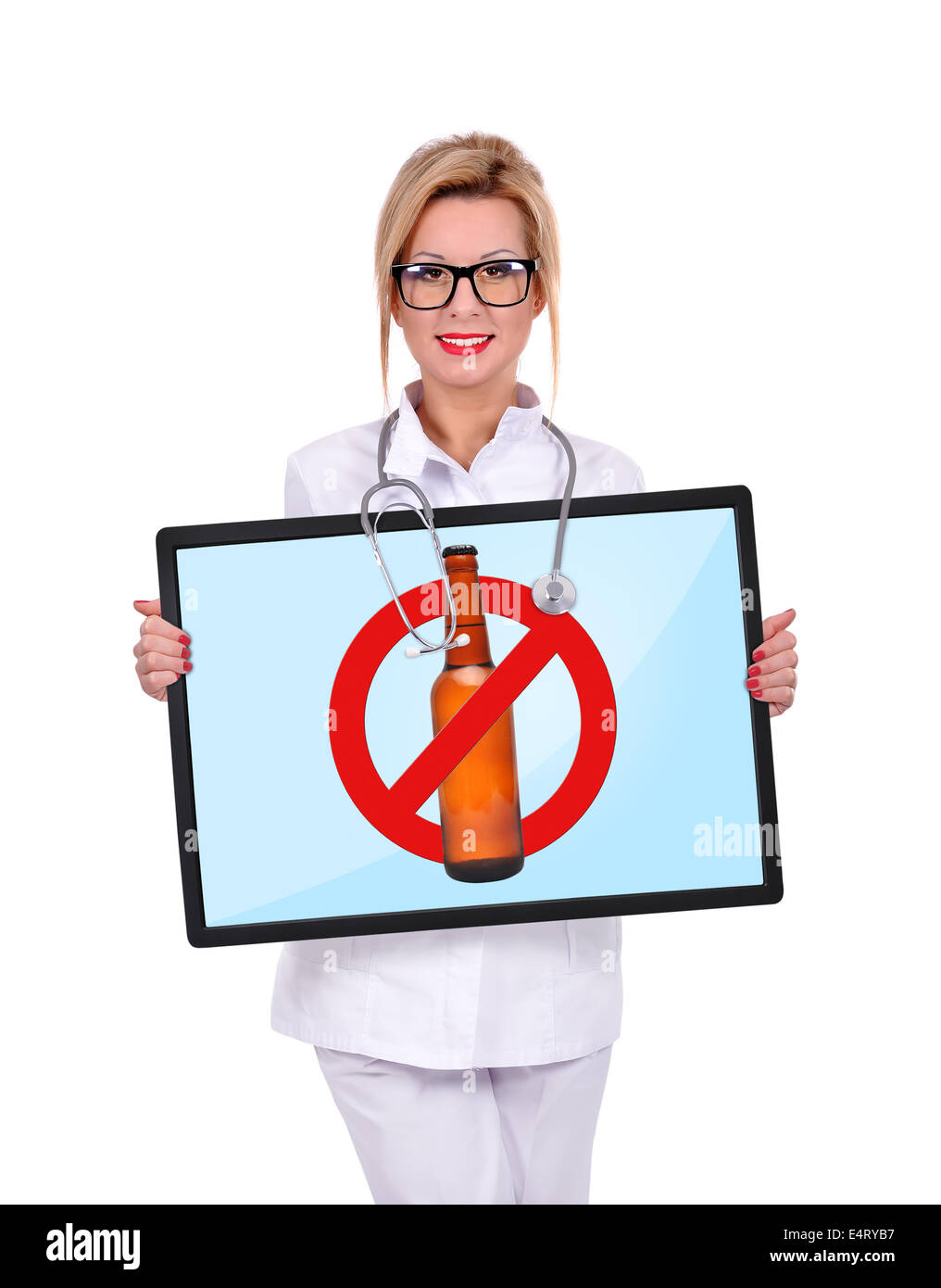 female doctor with plasma panel with stop alcohol concept Stock Photo ...