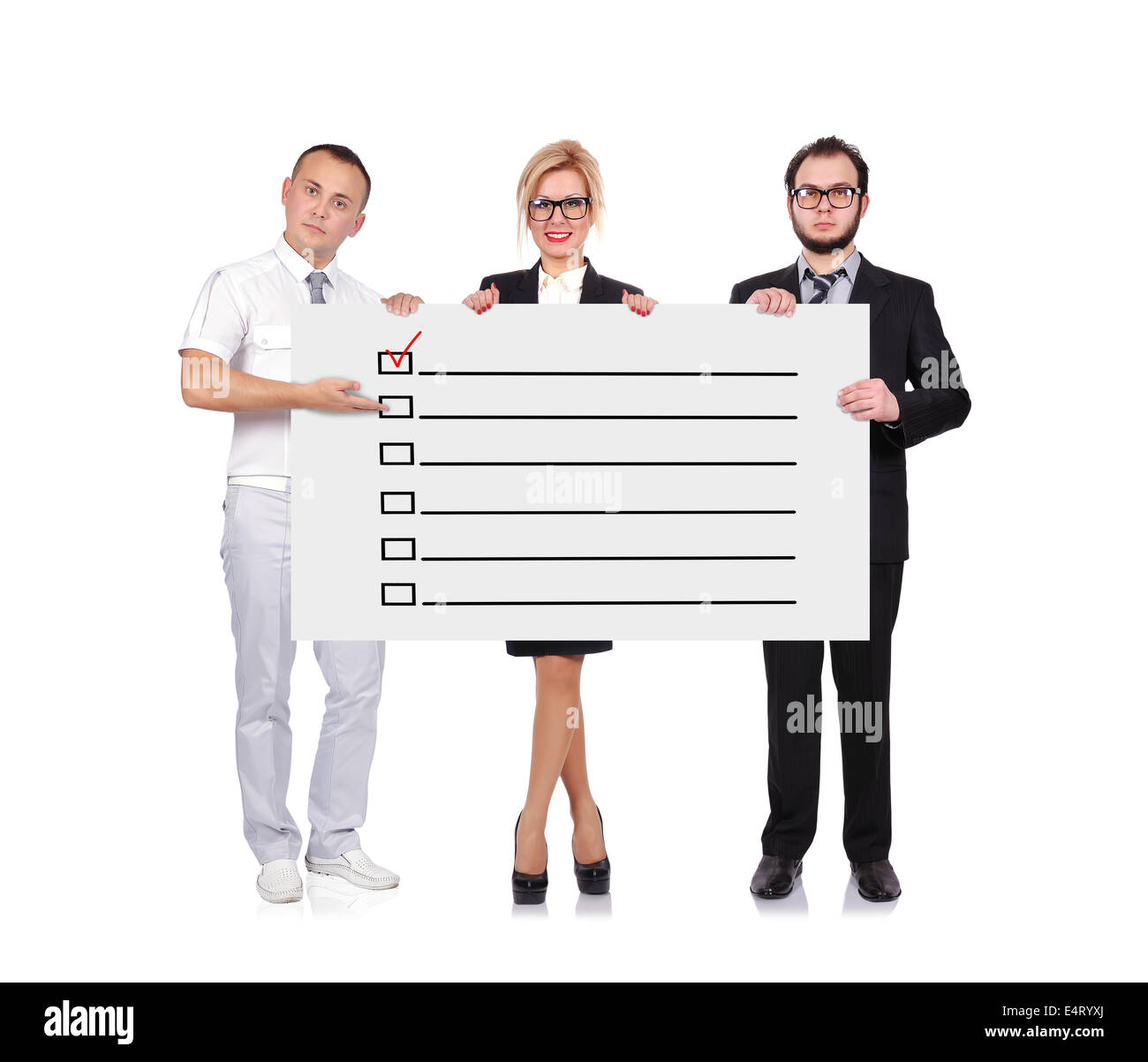 businesspeople holding poster with checklist Stock Photo - Alamy