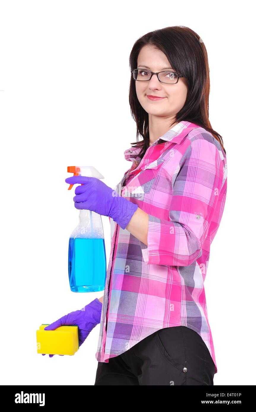 Cleaning girl standing with glass cleaner and wisp Stock Photo - Alamy