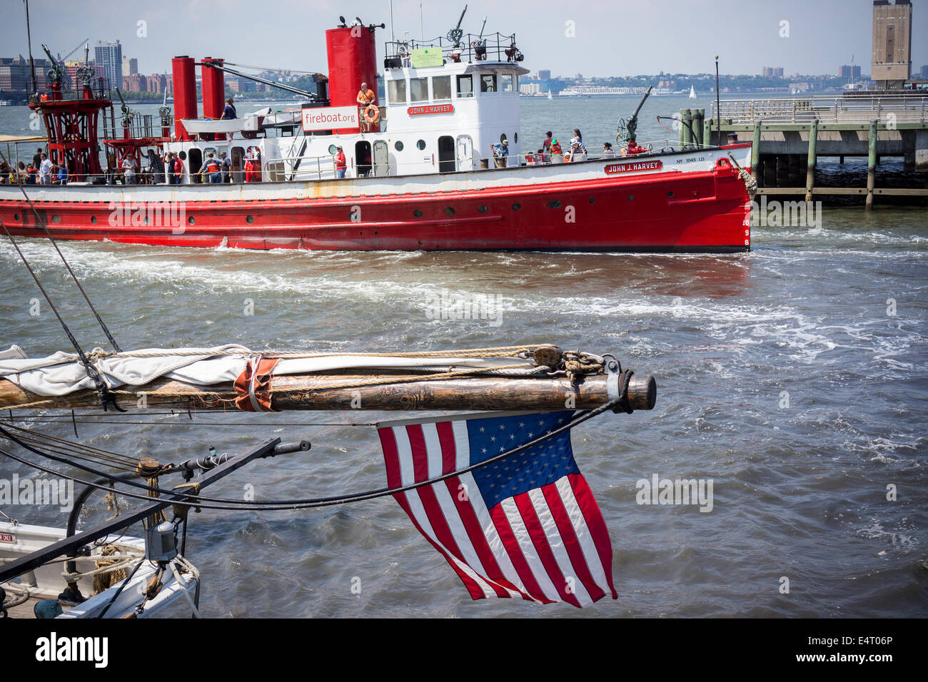 The fireboat John J. Harvey leaves Pier 25 in the Hudson River on a ...