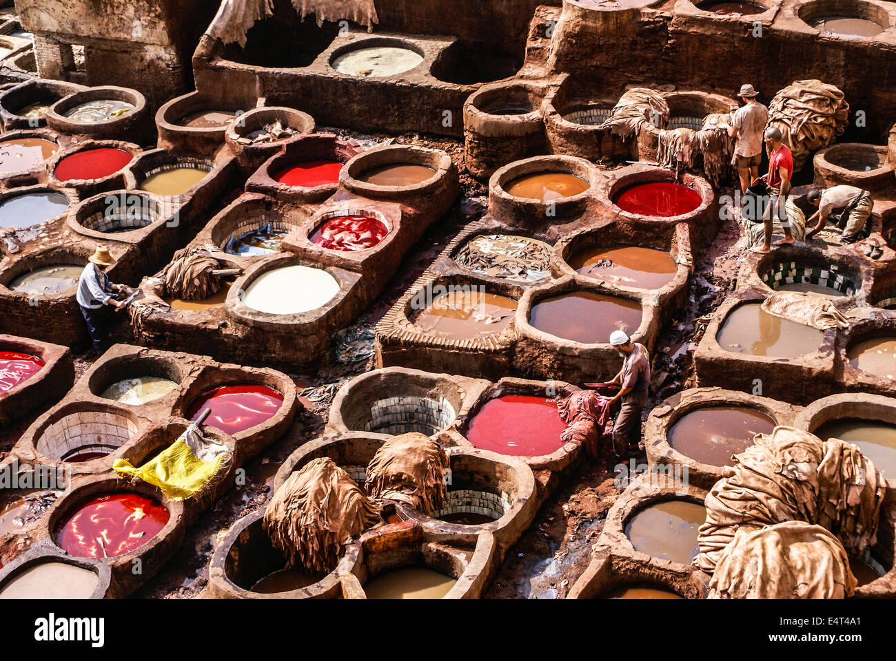 Tanneries of Fes, Morocco, Africa Old tanks of the Fez's tanneries with ...