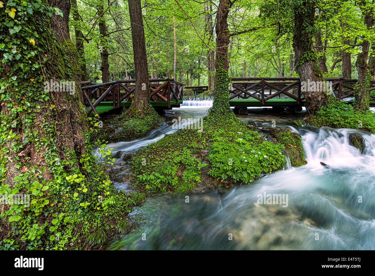 Waterfall with wooden bridge Stock Photo - Alamy