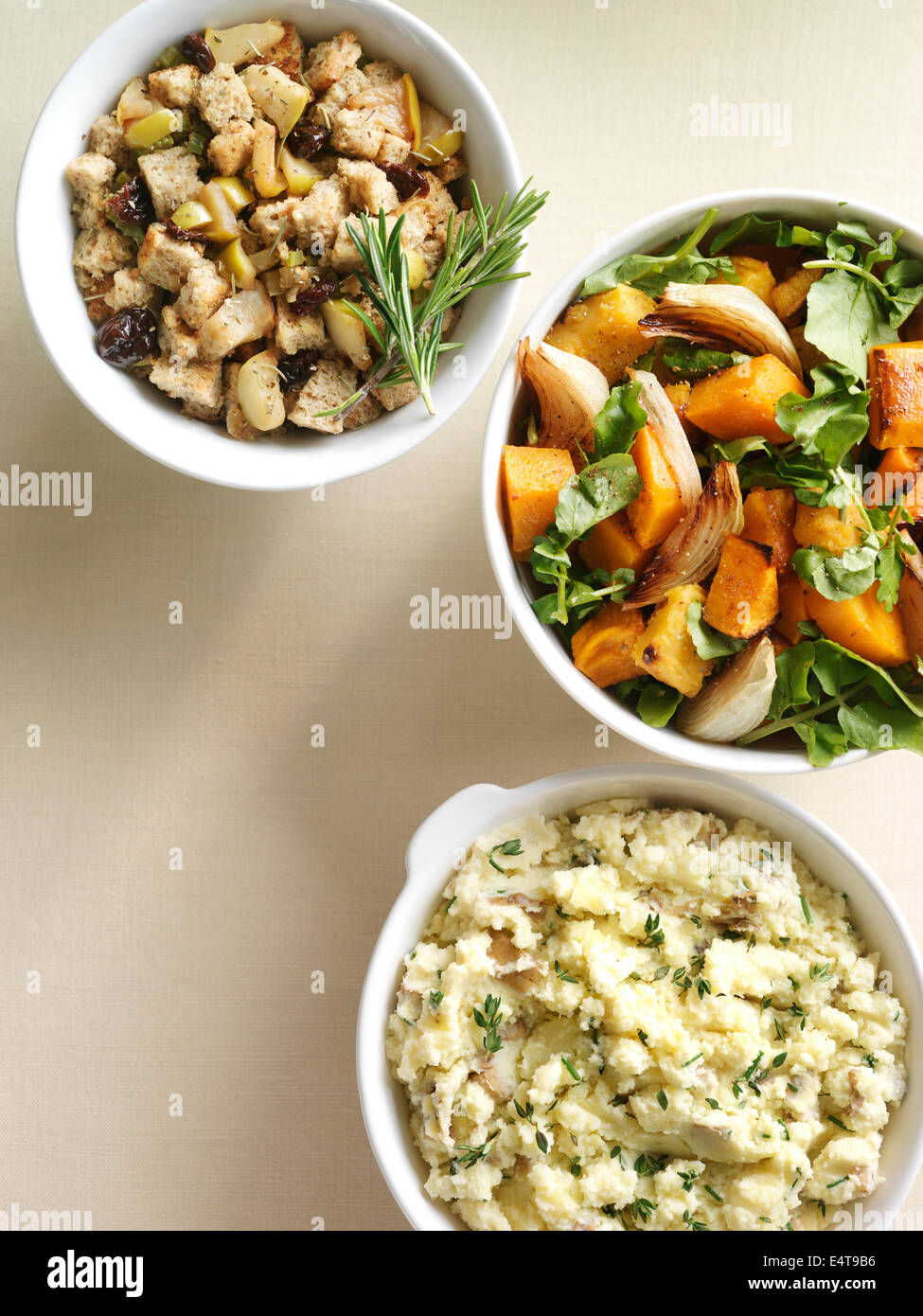 Overhead View of Side Dishes of Squash, Potatoes and Stuffing, Studio ...