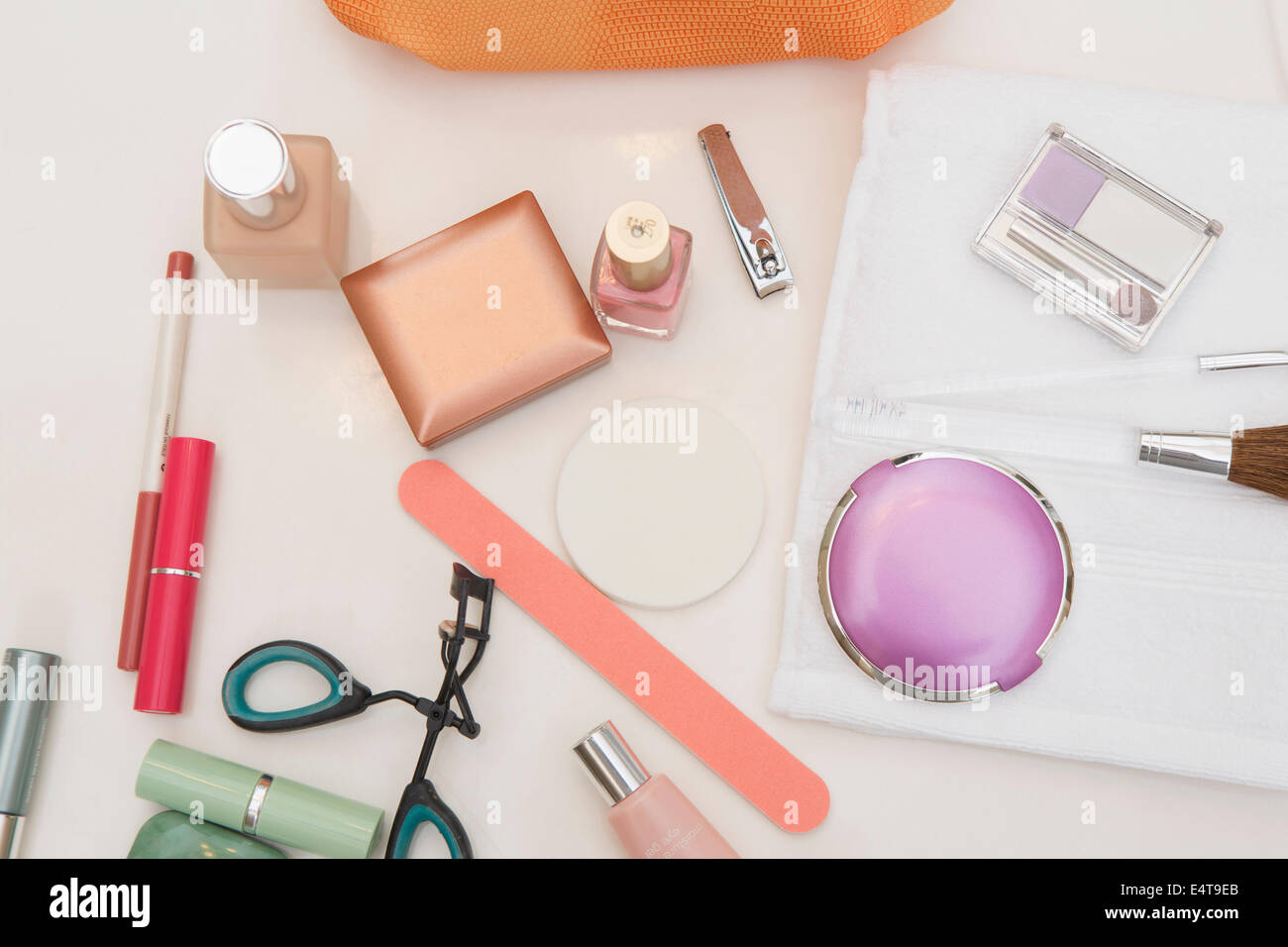 Overhead View of Bathroom Countertop with Women's Cosmetics and Beauty ...