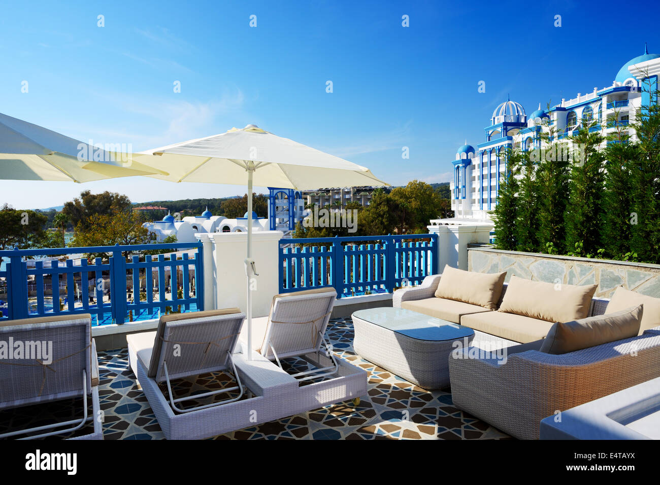 The terrace and building of luxury hotel, Antalya, Turkey Stock Photo ...