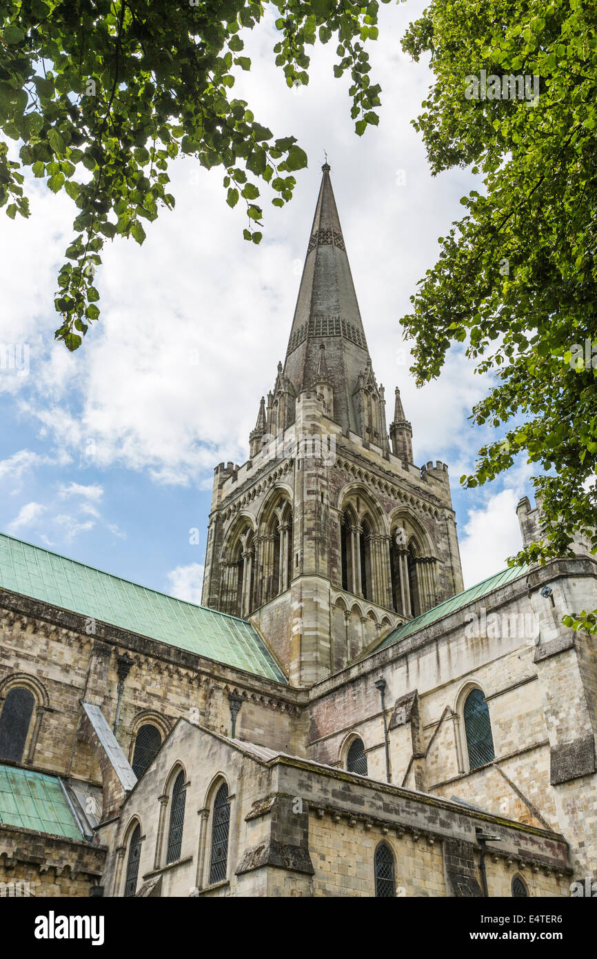View looking up to the spire of iconic Chichester Cathedral, Chichester ...