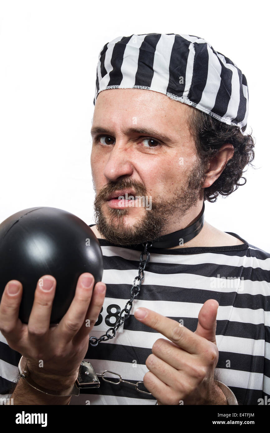 Solution, one caucasian man prisoner criminal with chain ball and ...