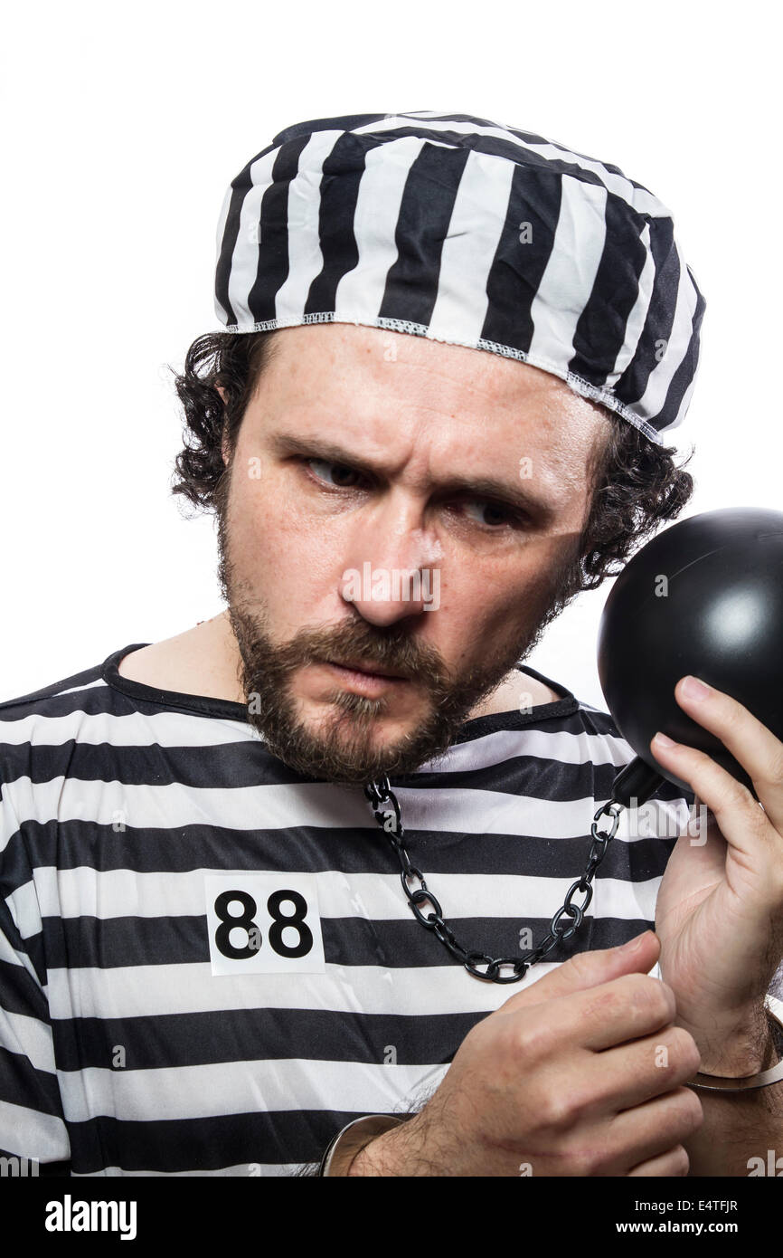 Fun, one caucasian man prisoner criminal with chain ball and handcuffs ...