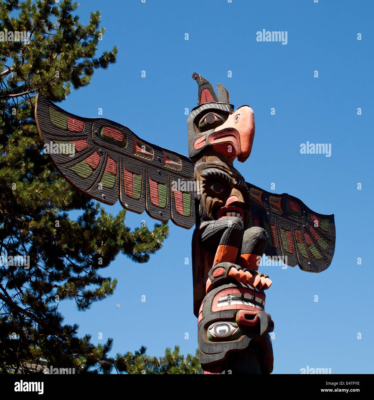 A Kwakwa̱ka̱’wakw (Kwakiutl) honouring totem pole in Thunderbird Park ...