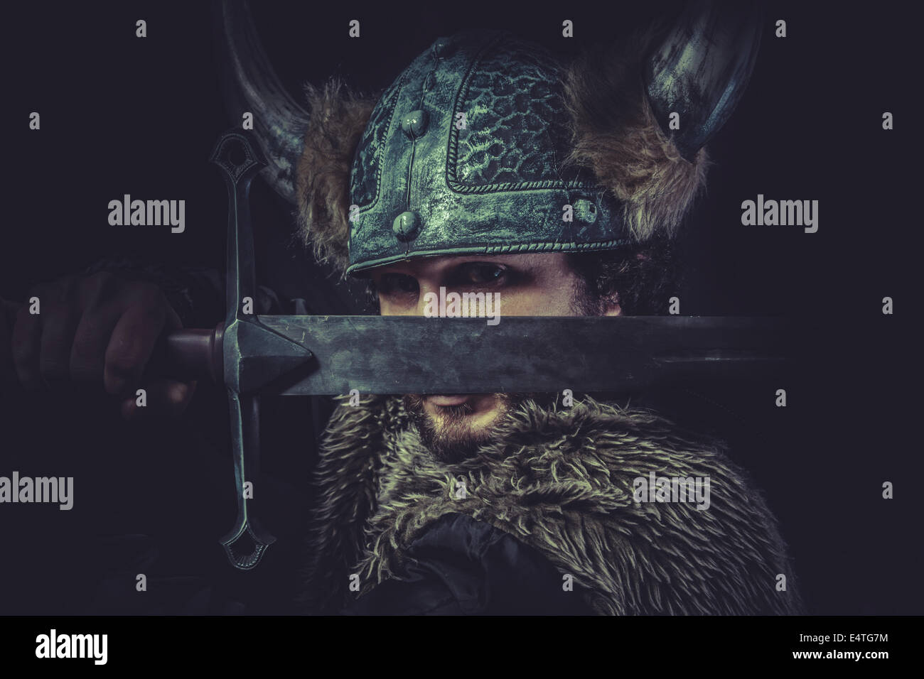 Leadership, Viking warrior with a huge sword and helmet with horns ...