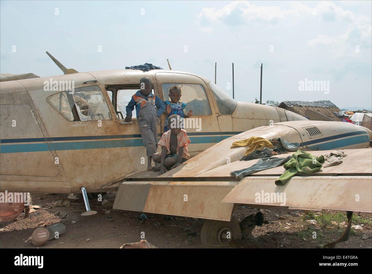 Refugee children play in an old plane at the M?Poko refugee camp at the ...