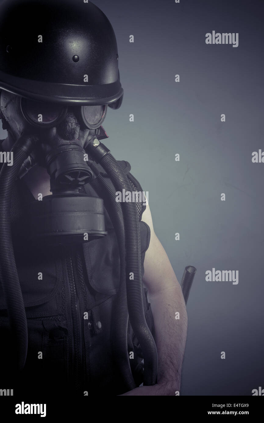 Protective, Man with black gas mask, pollution concept and ecological ...