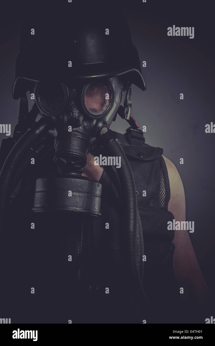 Toxic nuclear and toxicological disaster ,man with gas mask Stock Photo ...