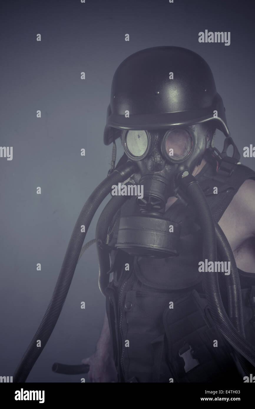 Radiation, Man with black gas mask, pollution concept and ecological ...