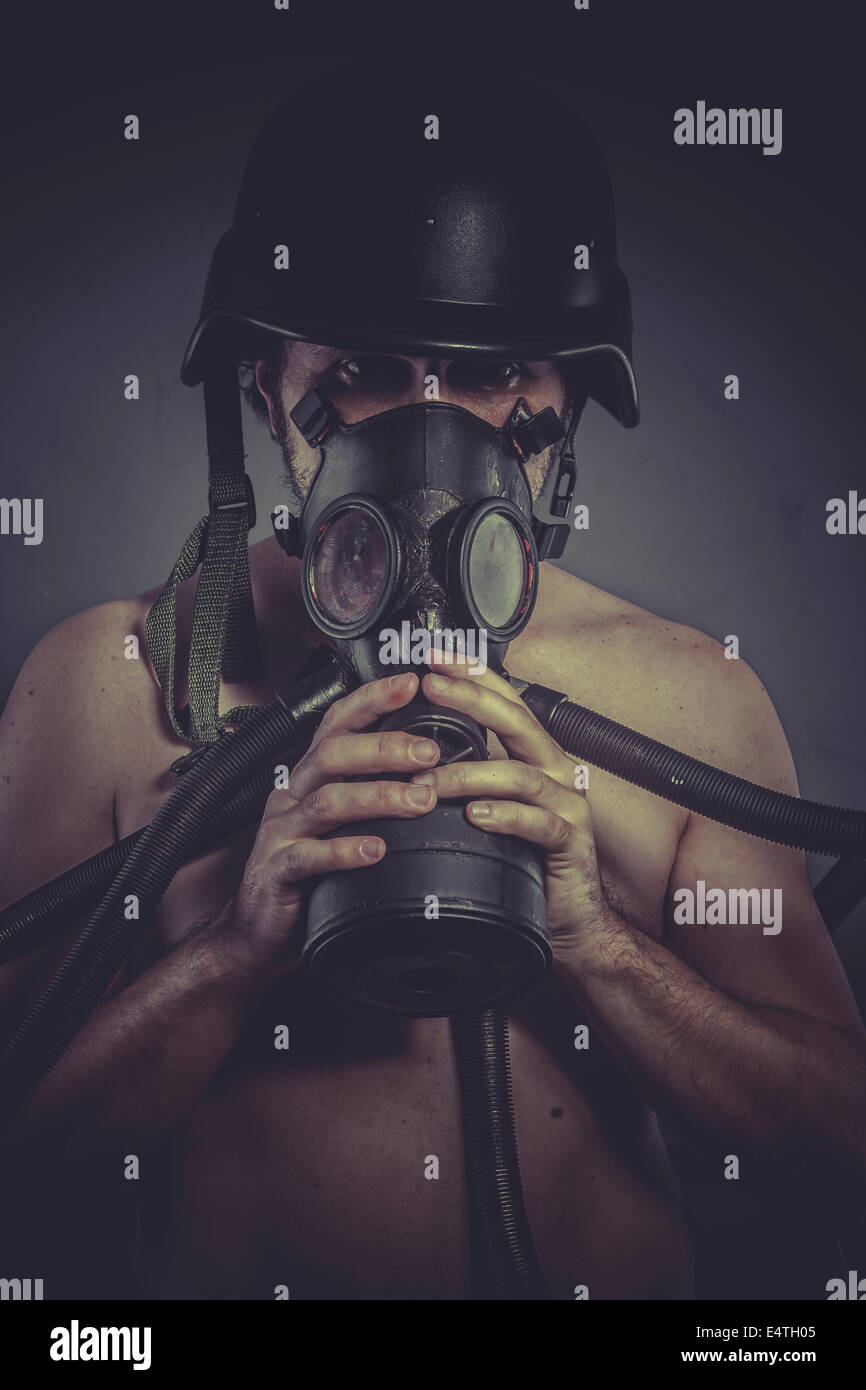 Protection, nuclear and toxicological disaster ,man with gas mask Stock ...