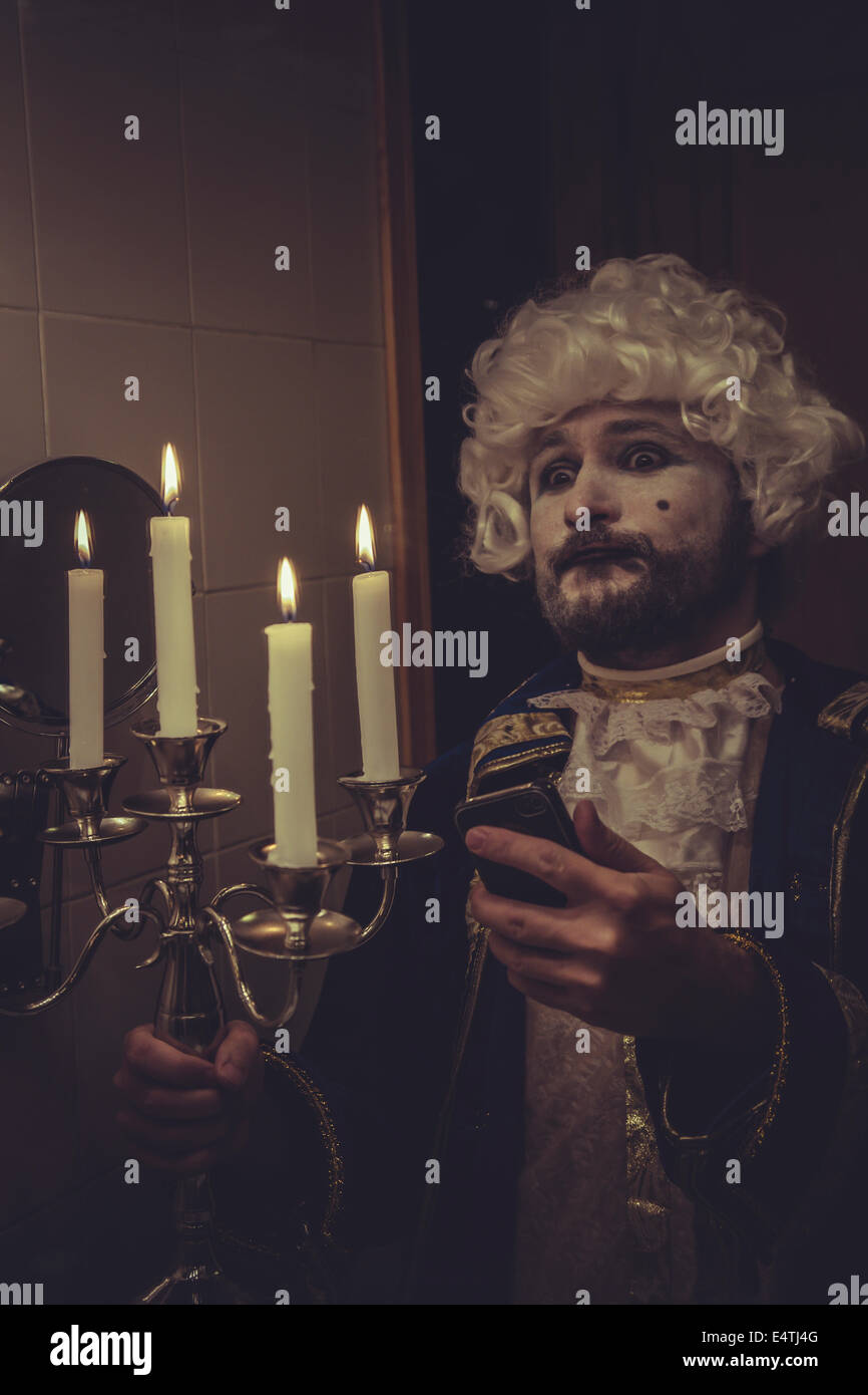 Selfie, man with white wig nineteenth and candlestick with candle Stock ...