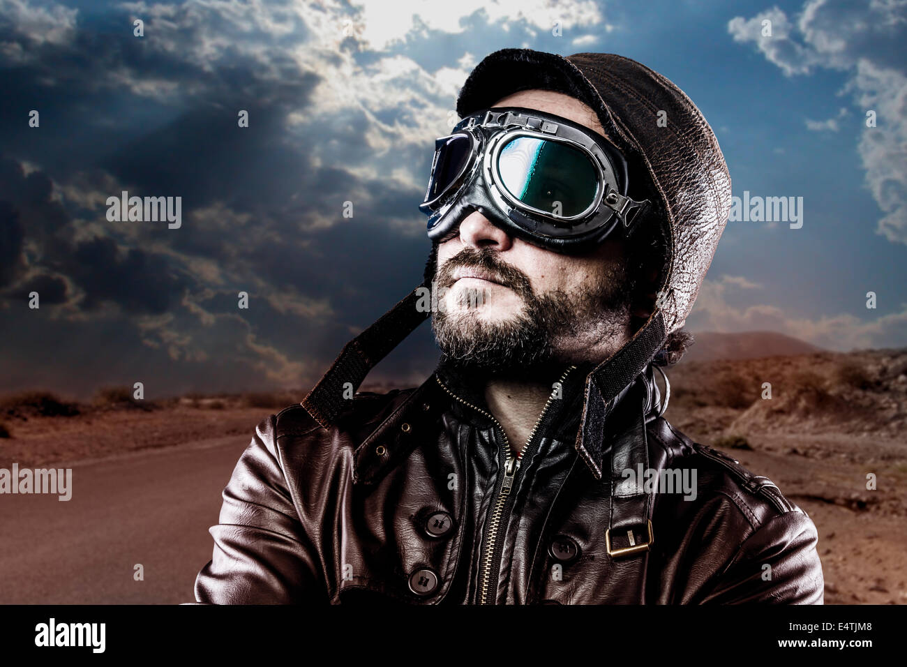 biker with black leather jacket and old glasses Stock Photo - Alamy